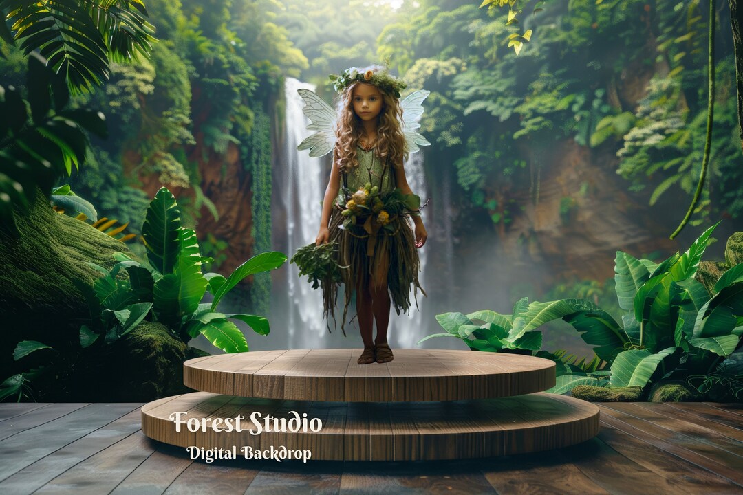 Forest Studio Digital Backdrop Lush Green Waterfall Digital Background for Botanical Product ...