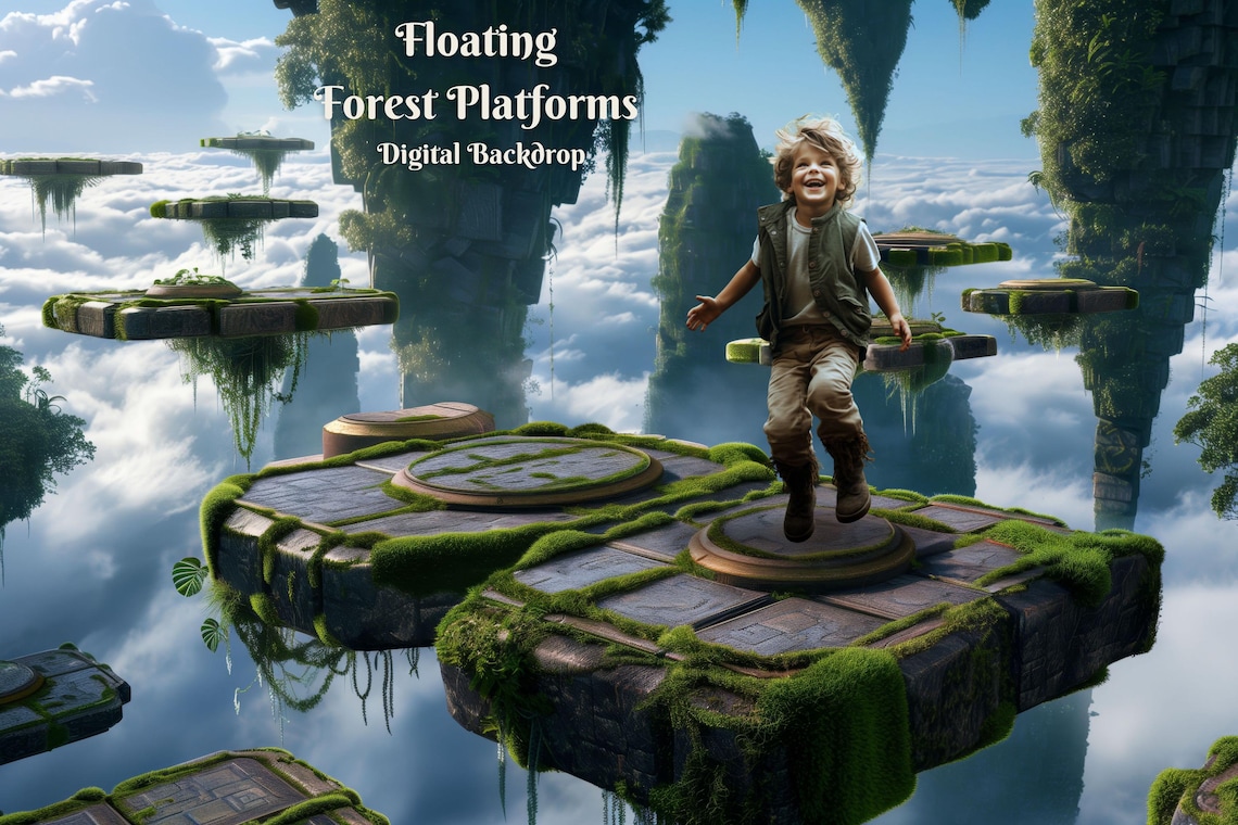 Floating Forest Platforms Digital Backdrop Island Above the Clouds ...
