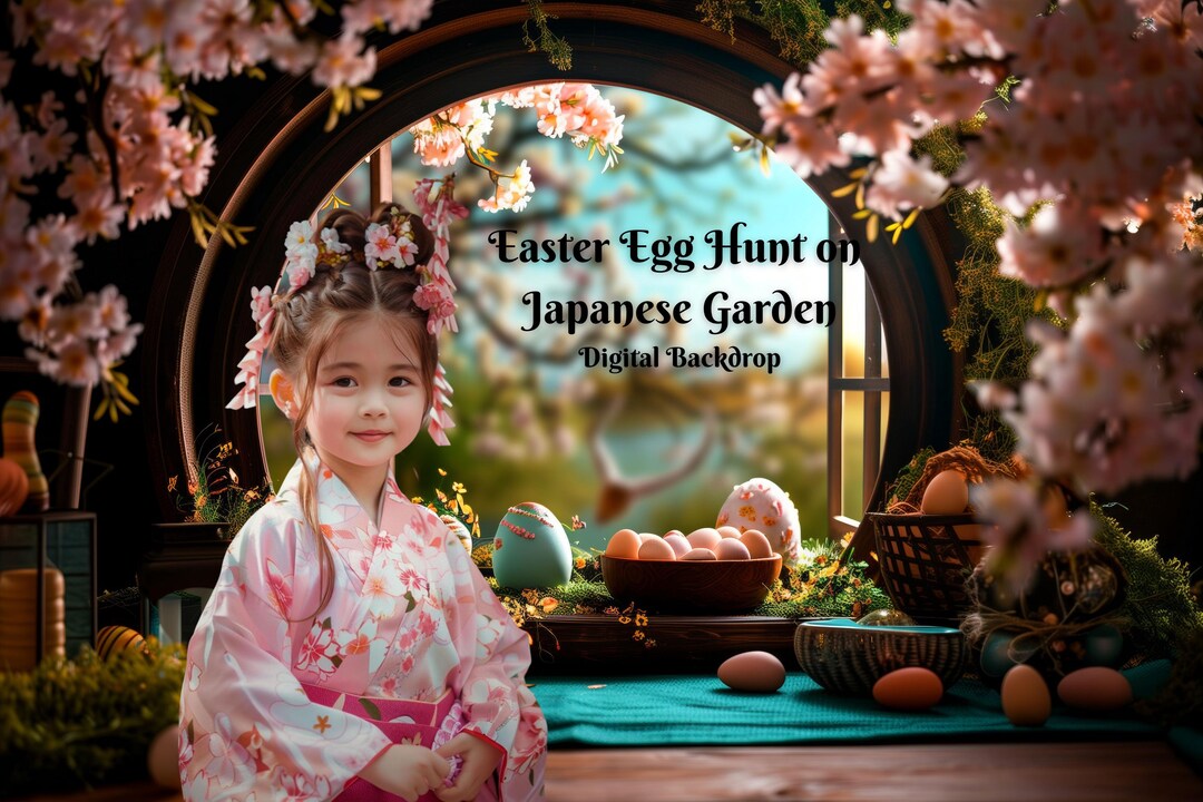 Easter Egg Hunt on Japanese Garden Digital Backdrop Easter Bunny ...