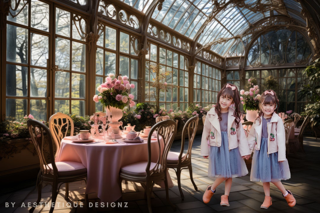 Tea Party at a Glass House Digital Backdrop Pink Tea Setup Background ...
