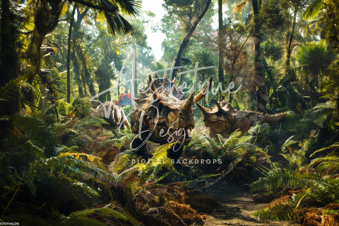 Friendly Dinosaurs on Jungle Digital Backdrop Triceratops Herd Digital ...
