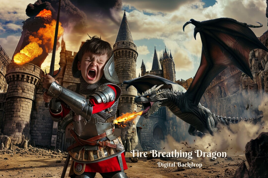 Fire Breathing Dragon Digital Backdrop Medieval Castle War Digital ...