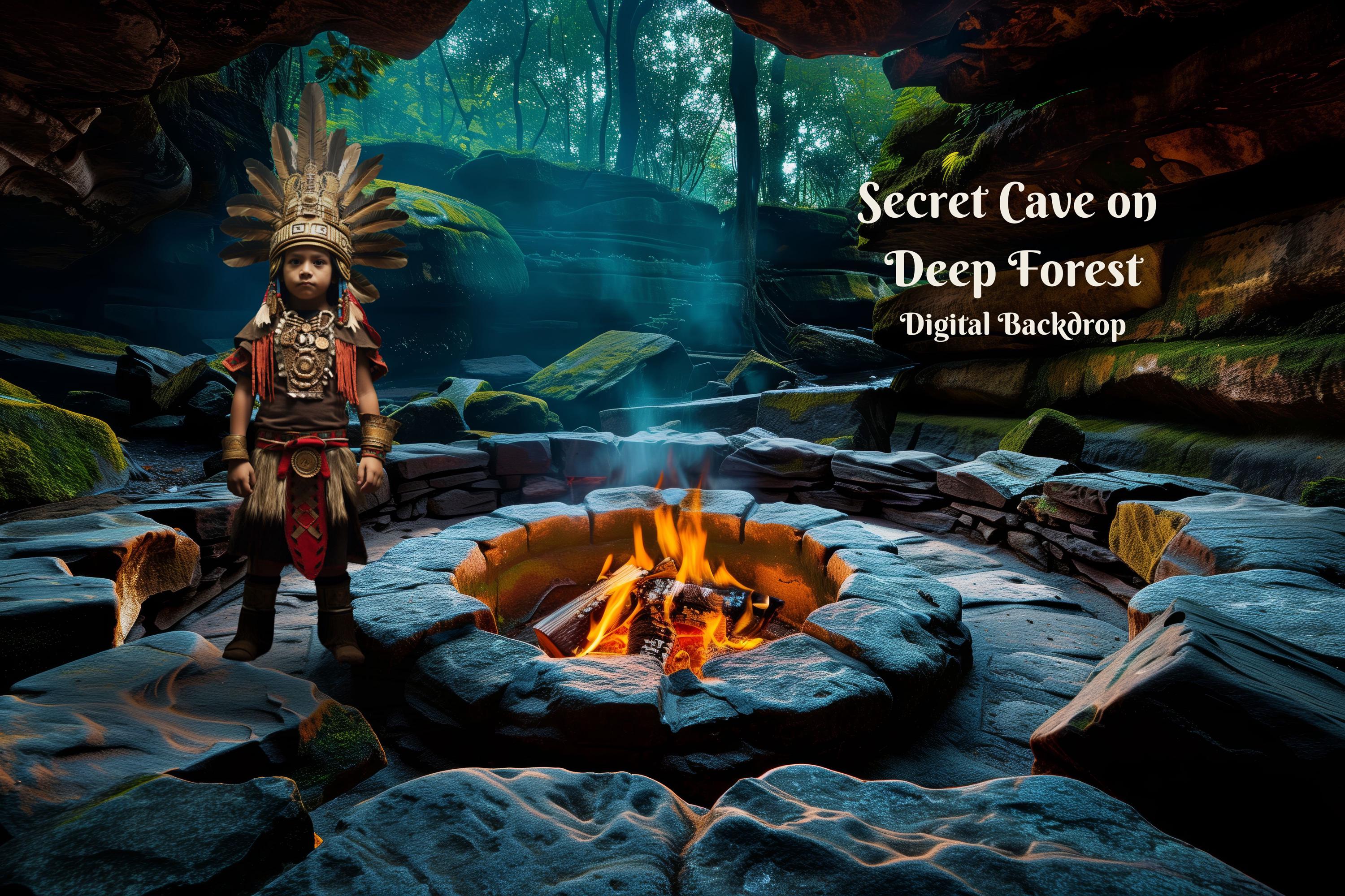 Secret Cave on Deep Forest Digital Backdrop for Campfire by the Cave ...
