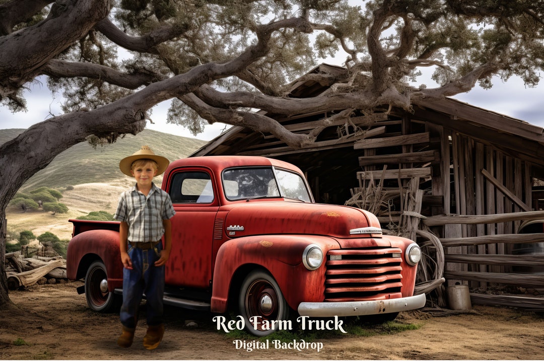 Red Farm Truck Digital Backdrop Countryside Photography Background for ...