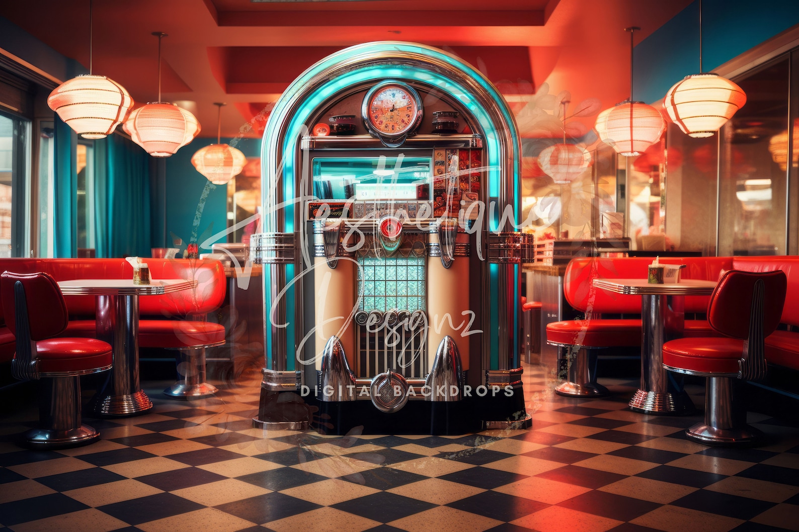 Retro Diner Jukebox Digital Backdrop Retro Theme Photography Background ...