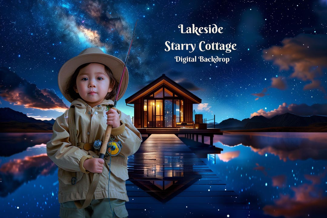 Lakeside Starry Cottage Digital Backdrop Peace and Tranquility Scenery ...