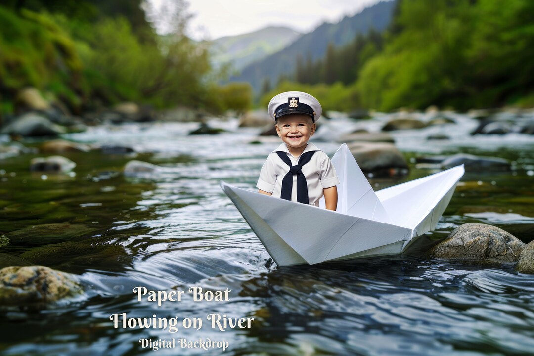 Paper Boat Flowing on River Digital Backdrop for Kid's Fun Photography ...