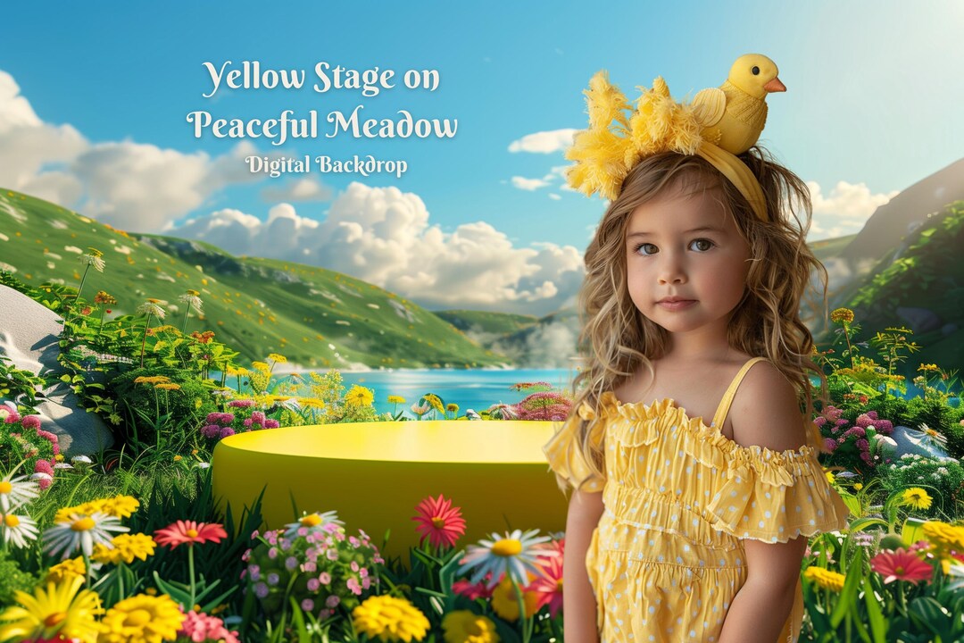 Yellow Stage on Peaceful Meadow Digital Backdrop Lush Grassy Hills ...