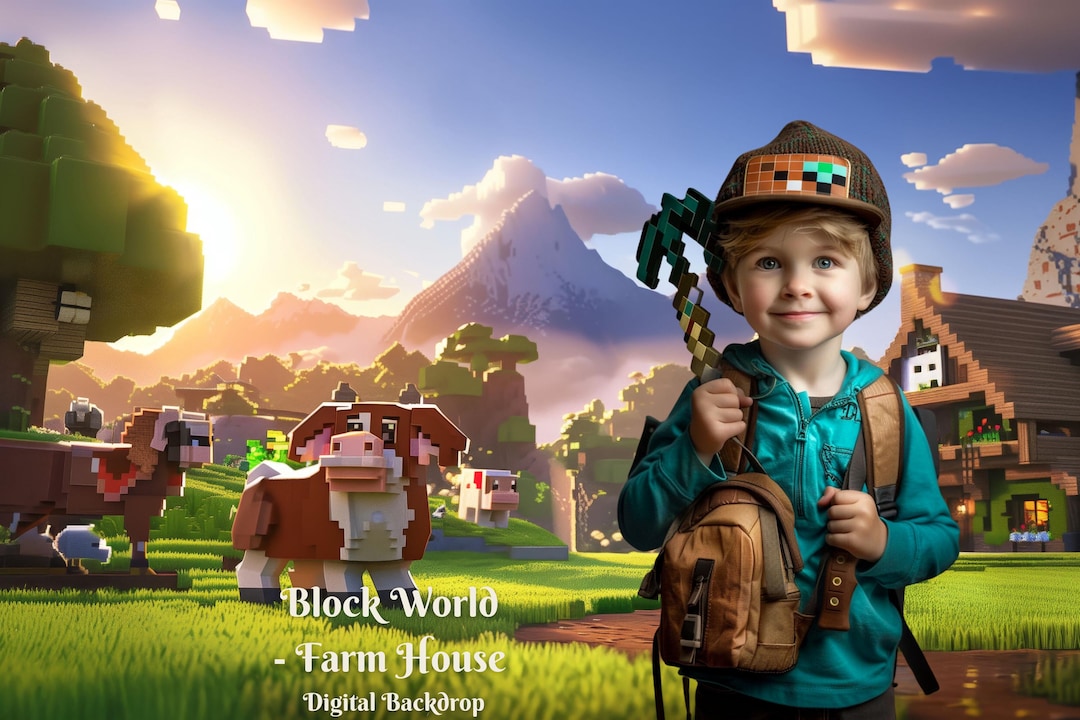 Block World Farm House Digital Backdrop for 3D Farm Animals Composite ...