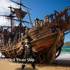 Wrecked Pirate Ship Digital Backdrop Treasure Ship on Island Shore ...
