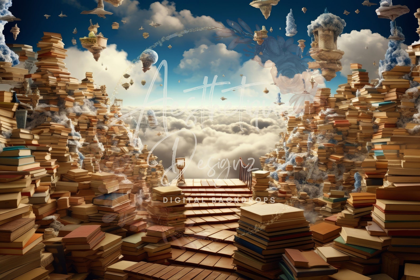 Sky Library Digital Backdrop Floating Books Creative Background for ...