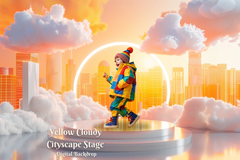Yellow Cloudy Cityscape Stage Digital Backdrop Sunny Day Podium Digital ...