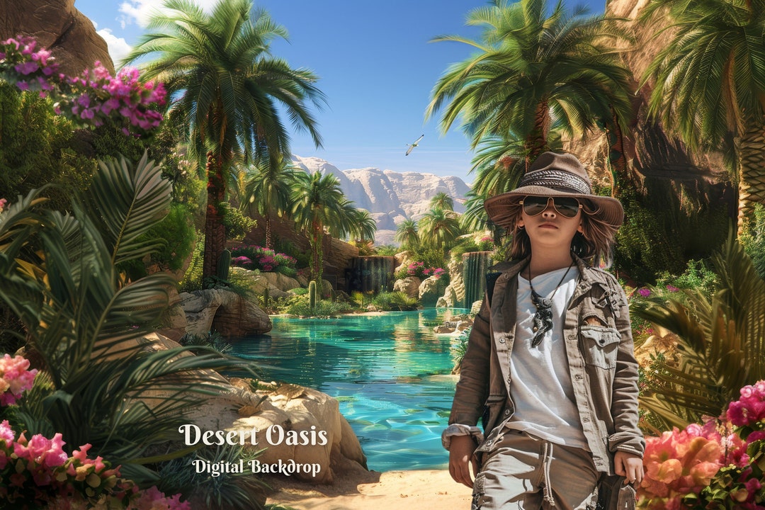 Desert Paradise Oasis Digital Backdrop Hot Desert Dunes Digital Background Water on Desert ...