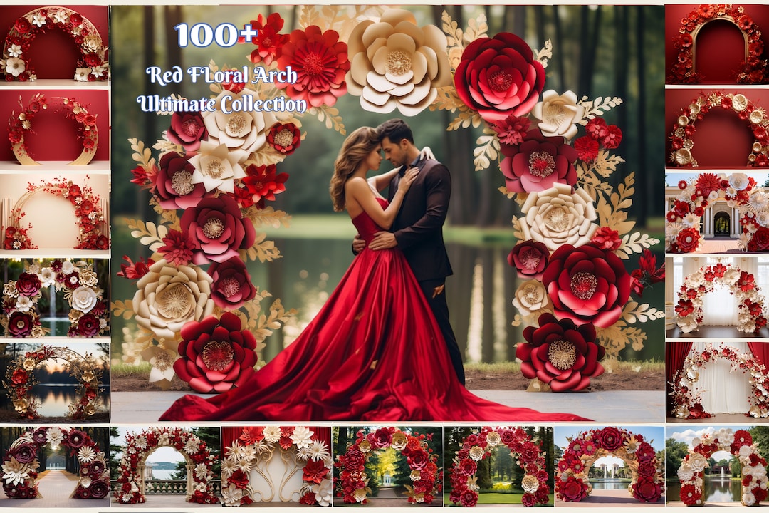 150 Red Floral Arch Backdrops Red and Gold Photography Background Red ...