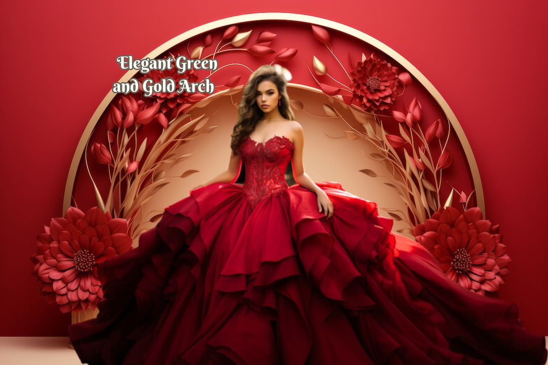 Red Floral Arch Backdrop Red and Gold Digital Backdrop Red Flower Arch ...