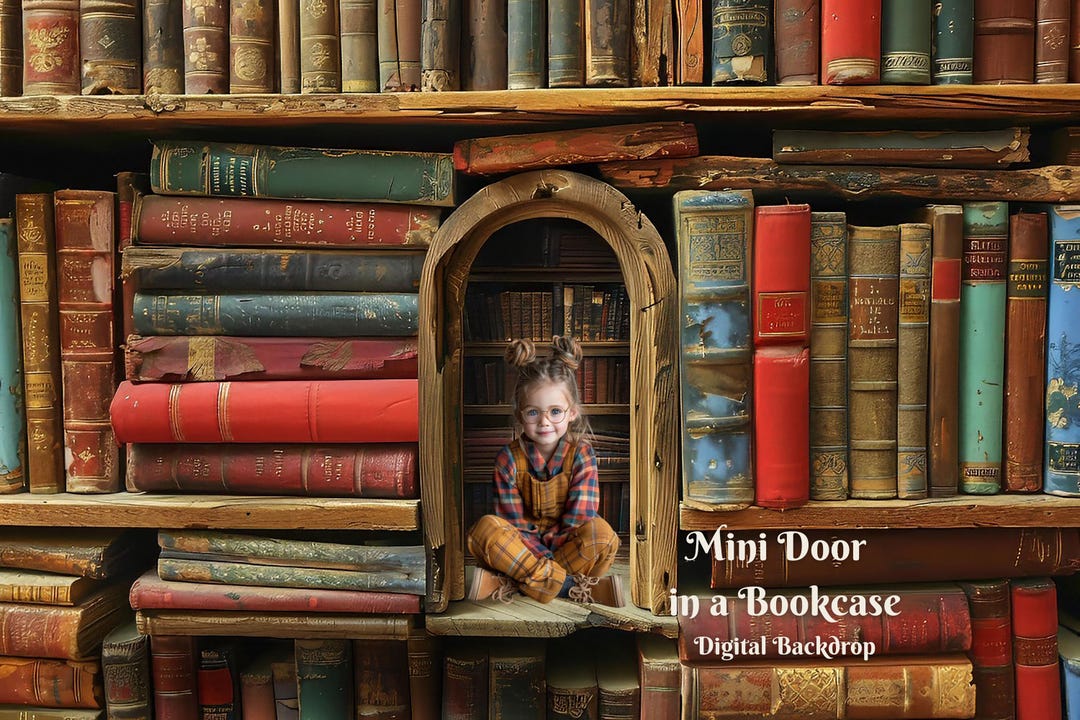 Mini Door in a Bookcase Digital Backdrop Fun Bookworm Photo Background ...