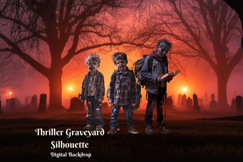 Thriller Graveyard Silhouette Digital Backdrop Zombies Photo Background ...