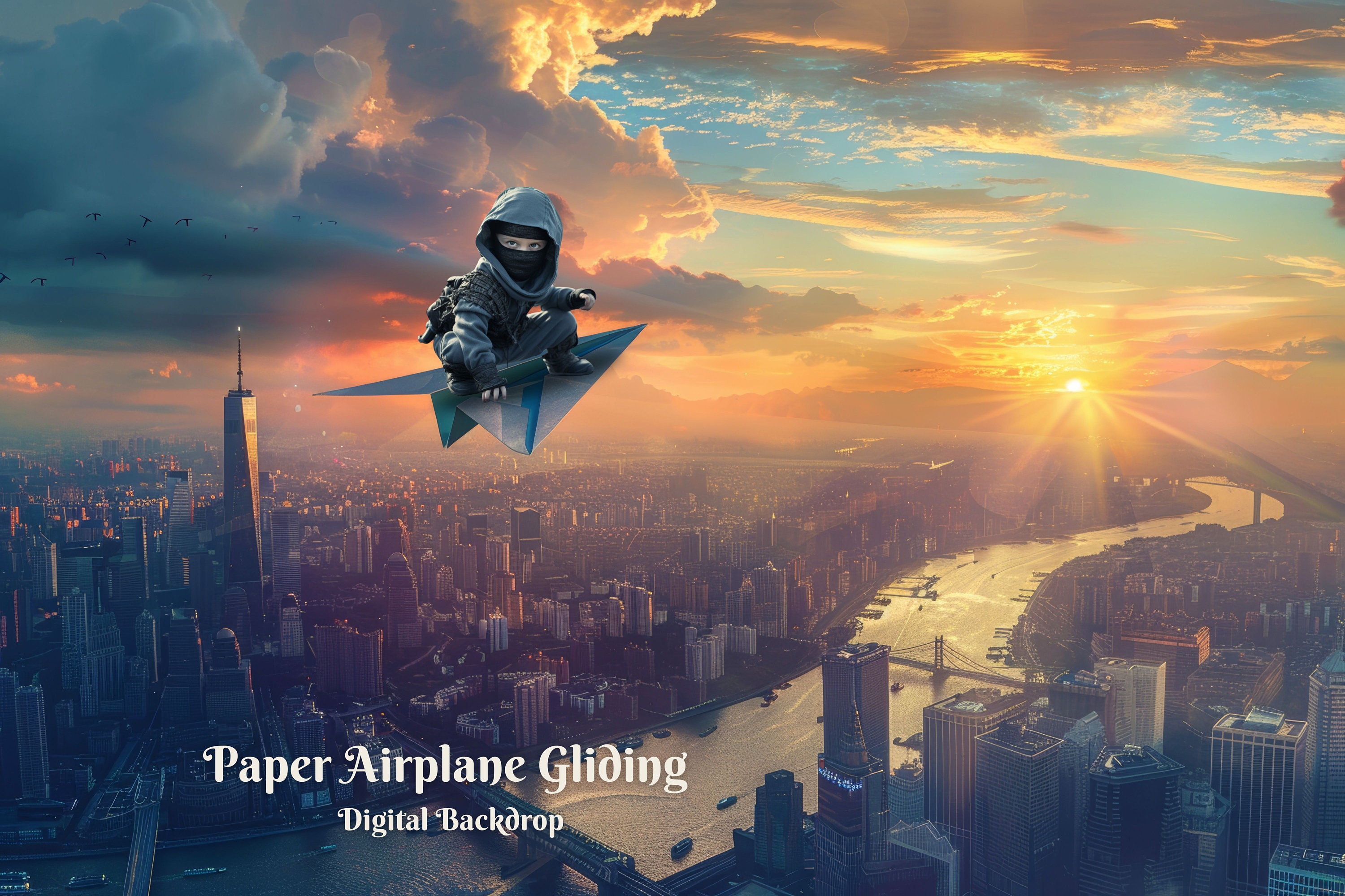 Paper Airplane Gliding Digital Backdrop Fly High Digital Photography ...