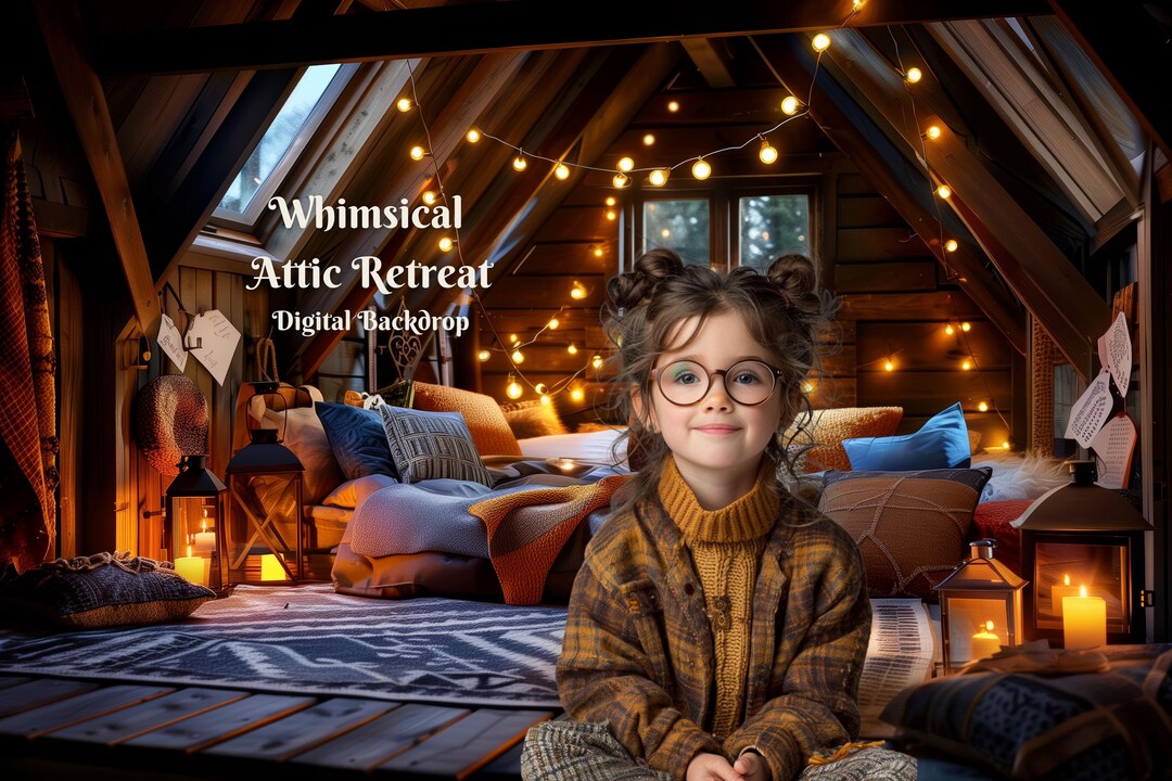 Whimsical Attic Retreat Digital Backdrop Comfy Sofa Bed Background for ...