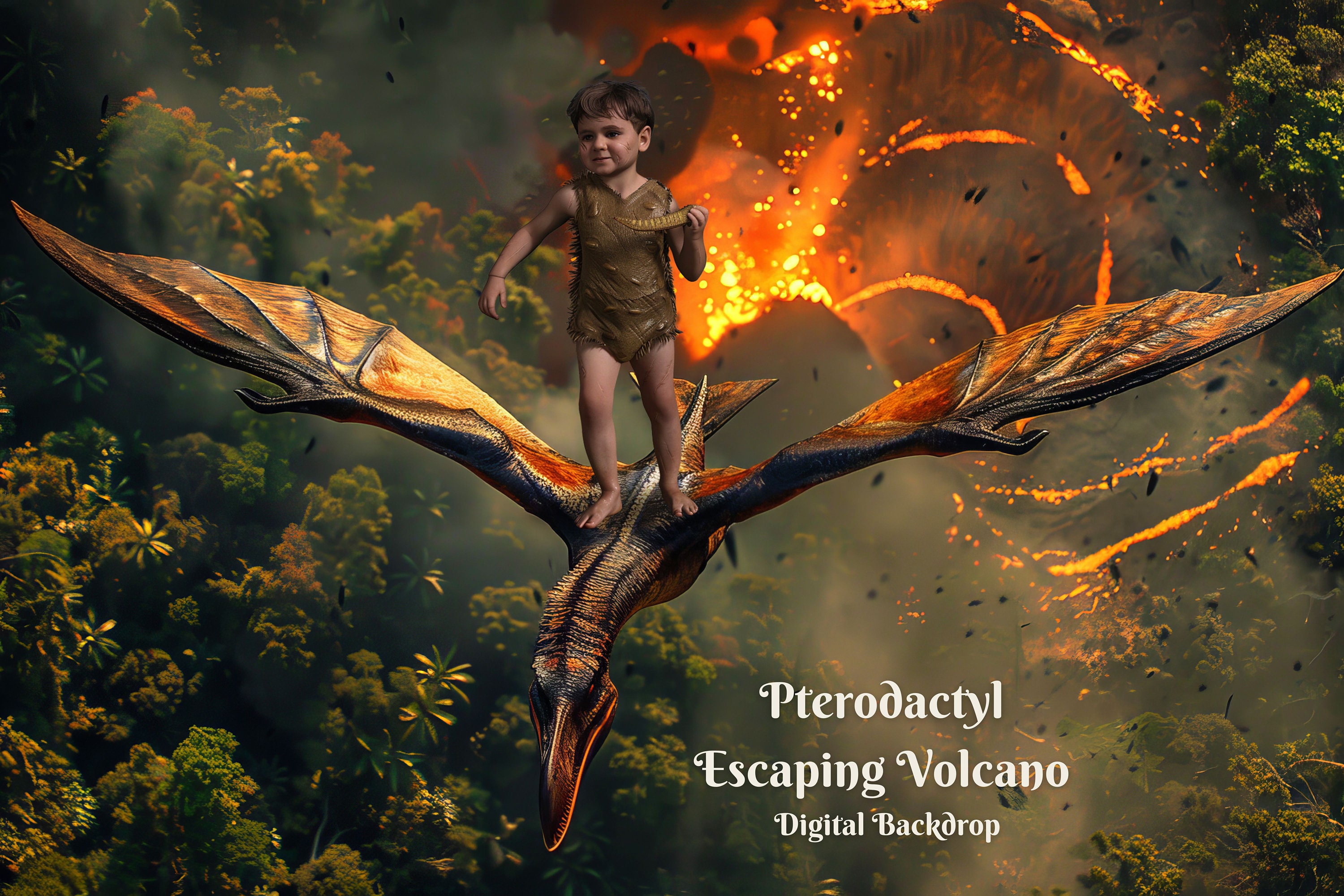 Pterodactyl Escaping Volcano Digital Backdrop Flying Dinosaur Digital ...