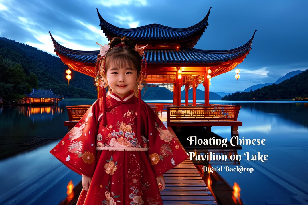 Floating Chinese Pavilion on Lake Digital Backdrop for Chinese Holiday ...