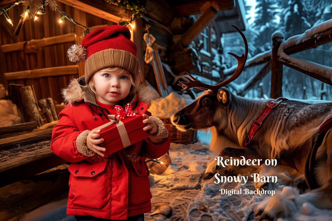 Reindeer Snowy Barn Digital Backdrop Rudolf the Reindeer Digital ...