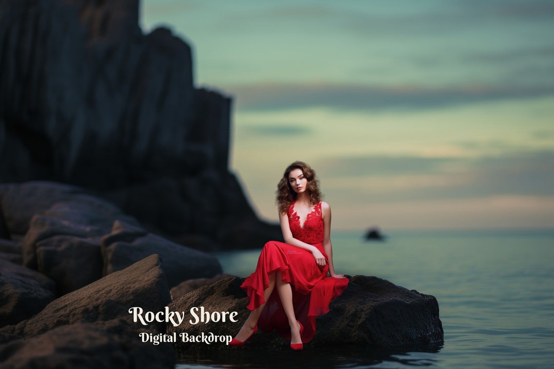 Rocky Shore Digital Backdrop Dusk by the Beach Digital Background ...