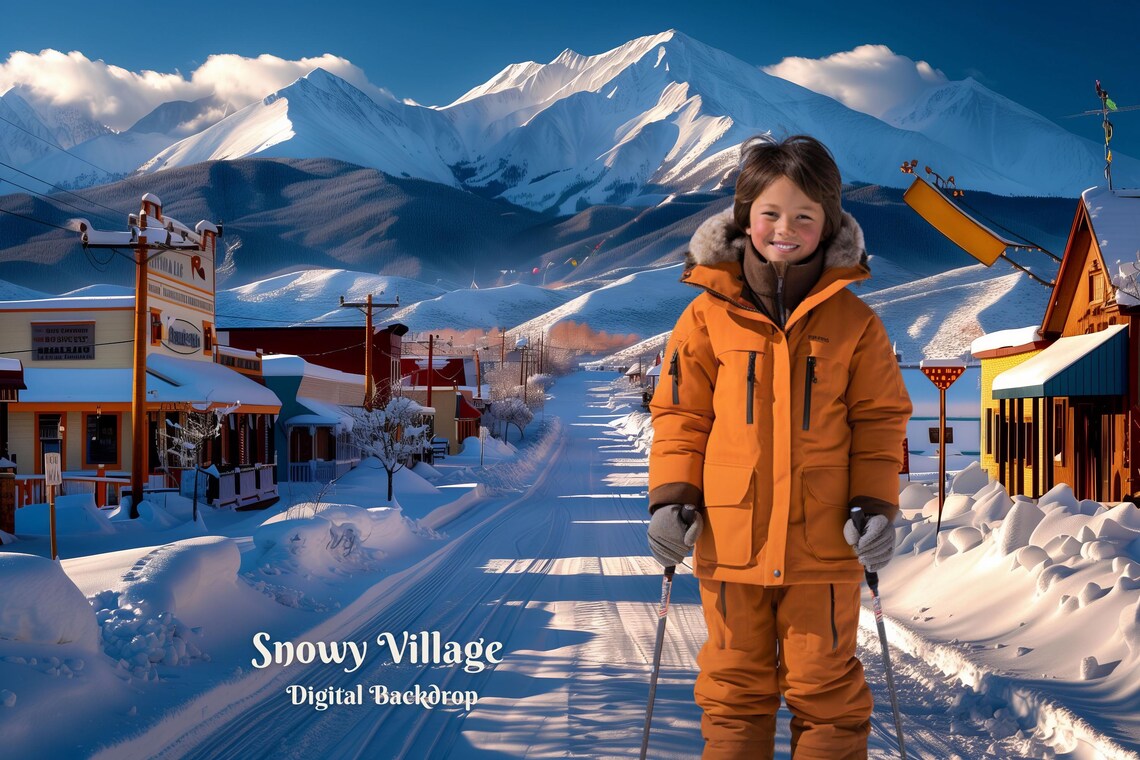 Snowy Village Digital Backdrop Chilly Winter Background for Skiing ...