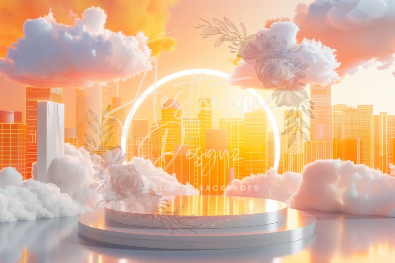 Yellow Cloudy Cityscape Stage Digital Backdrop Sunny Day Podium Digital ...