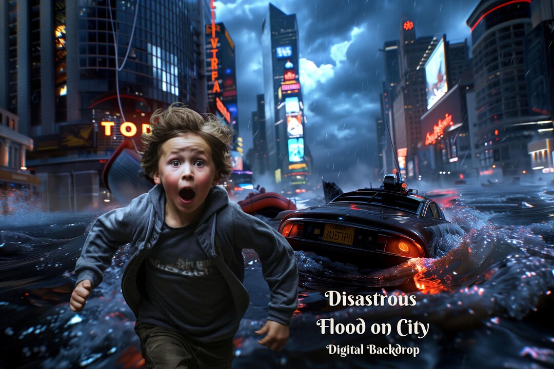 Disastrous Flood on City Digital Backdrop for Armageddon Survivor Photo ...