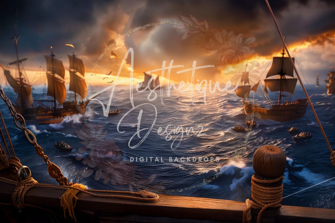 Ships on Sail Digital Backdrop Deckhand on Old Ship Digital Background ...