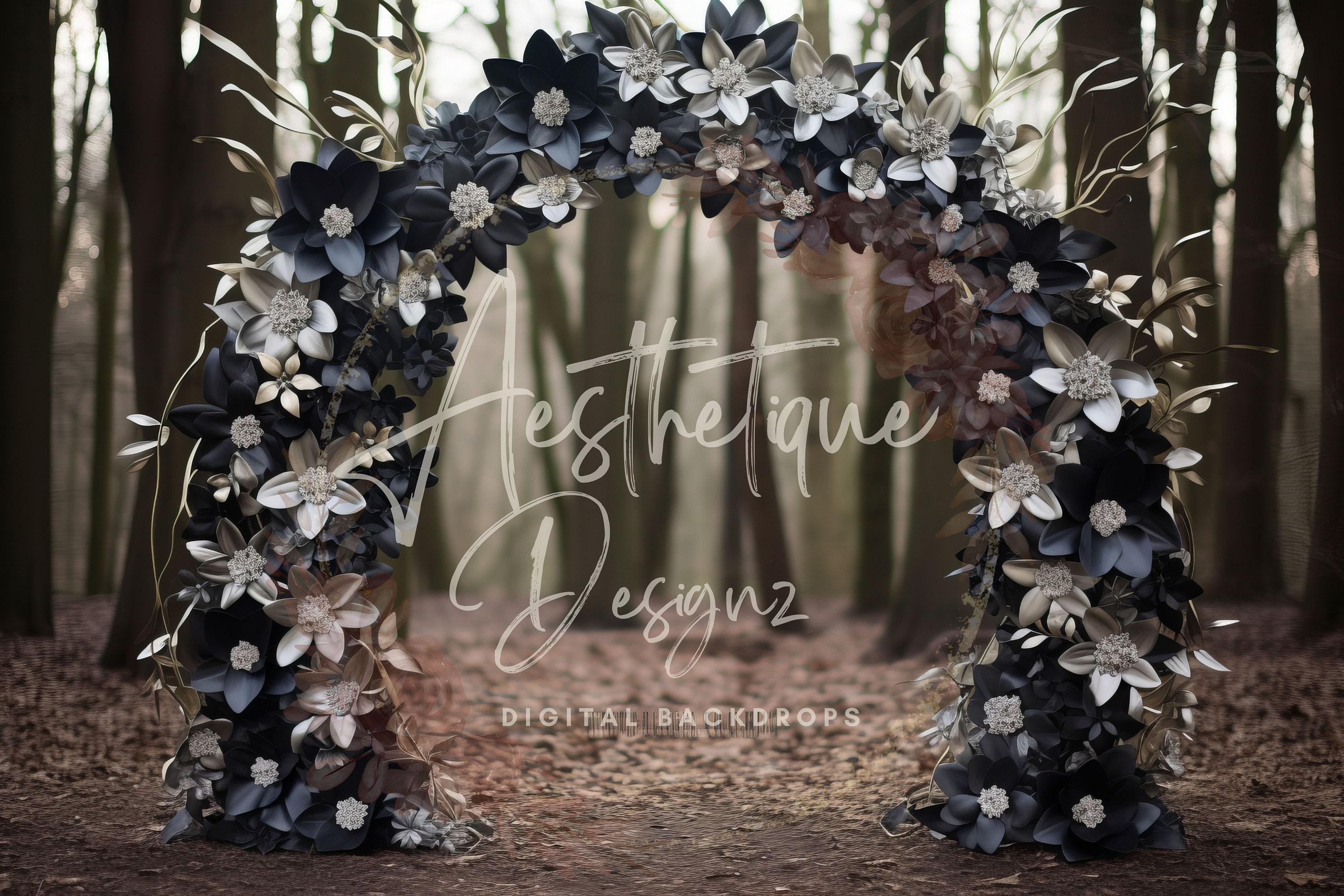 Black Floral Arch Backdrop Black and Silver Digital Backdrop - Etsy