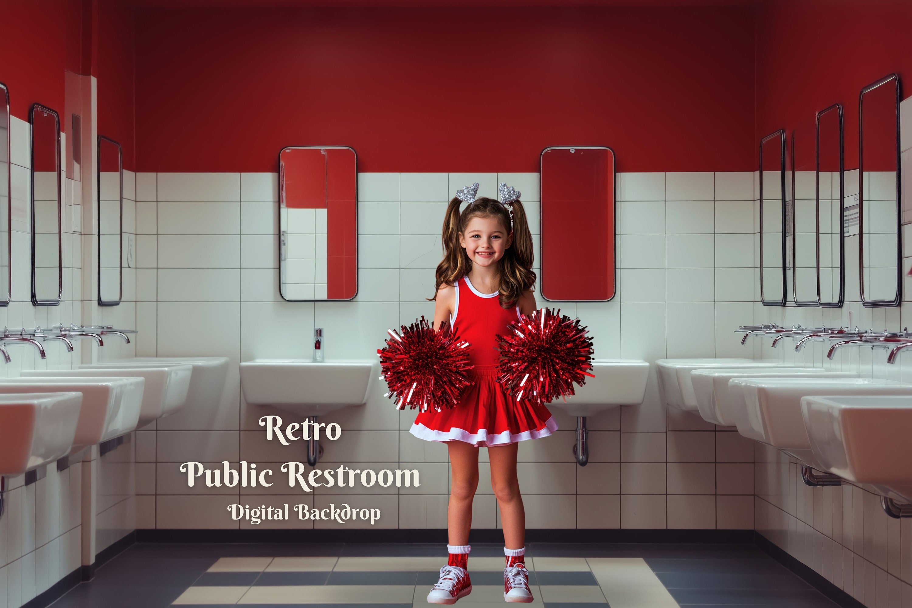 Retro Public Restroom Digital Backdrop Retro Theme Background 80s ...