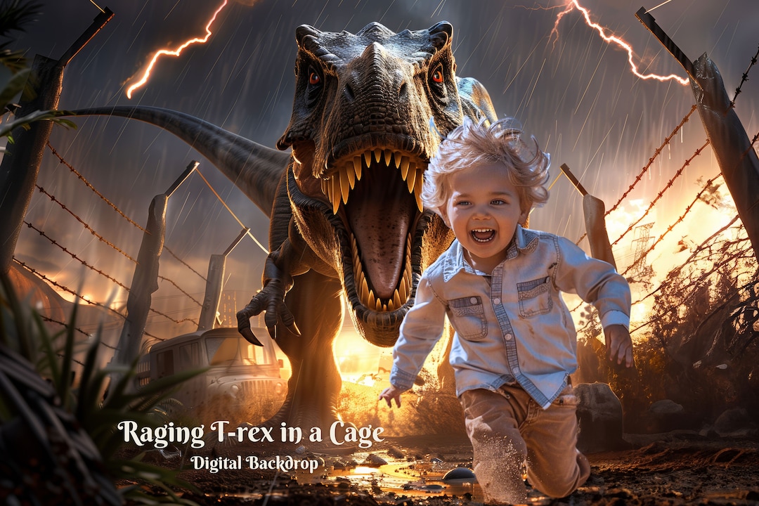 Raging T-rex in a Cage Digital Backdrop T-rex Dinosaur Digital ...
