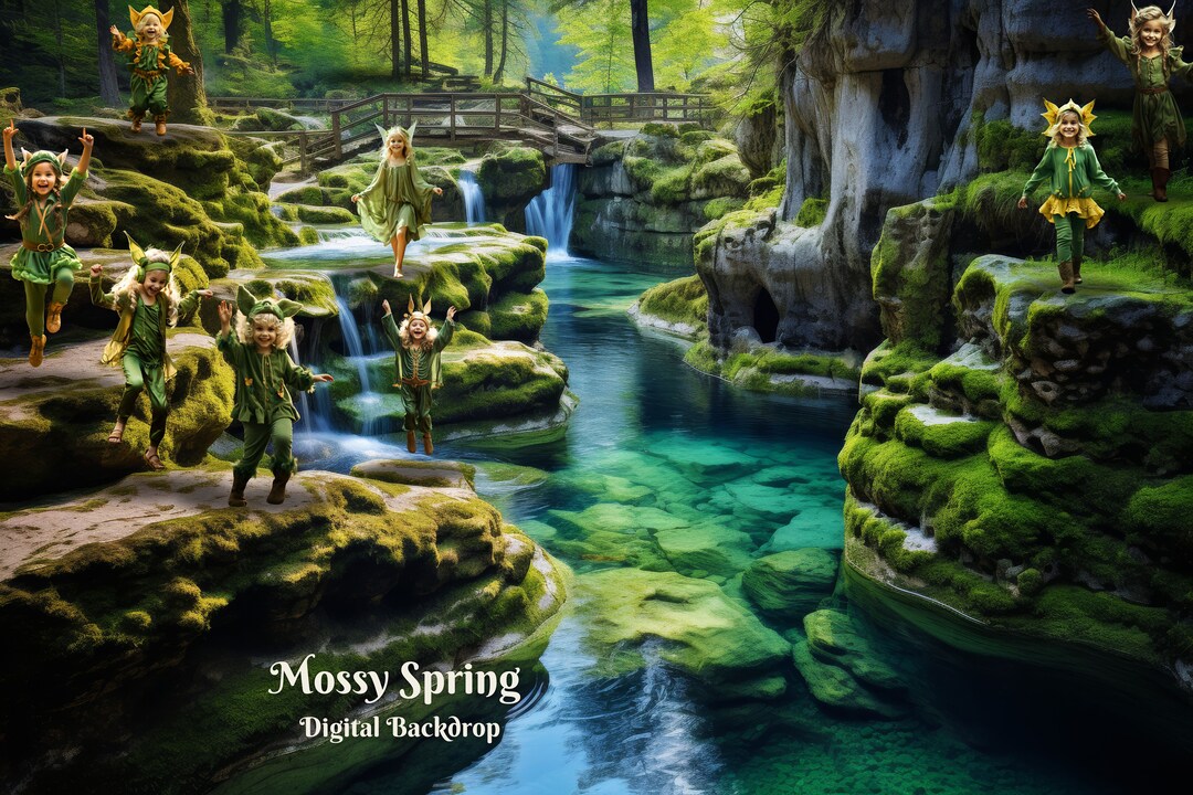 Mossy Spring Backdrop Waterfall Stream Photo Background Mossy Forest ...