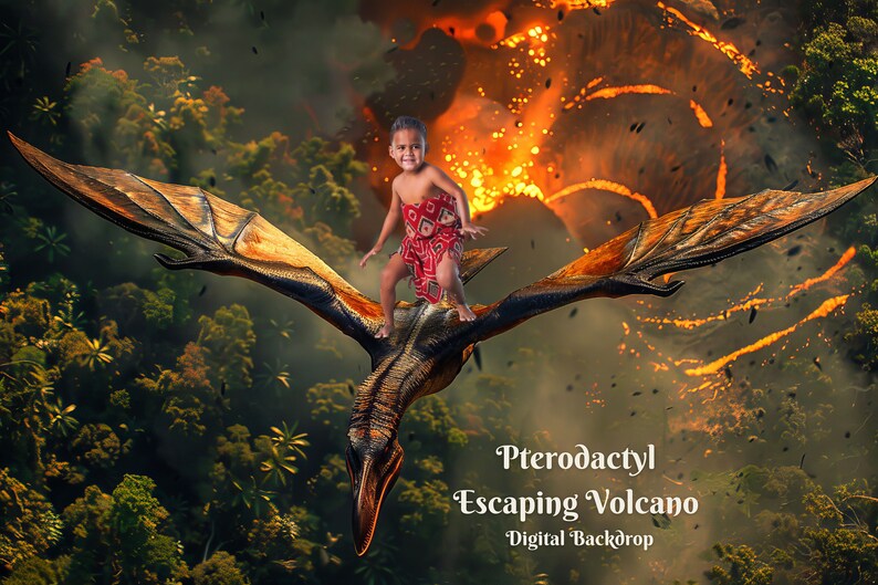 Pterodactyl Escaping Volcano Digital Backdrop Flying Dinosaur Digital ...