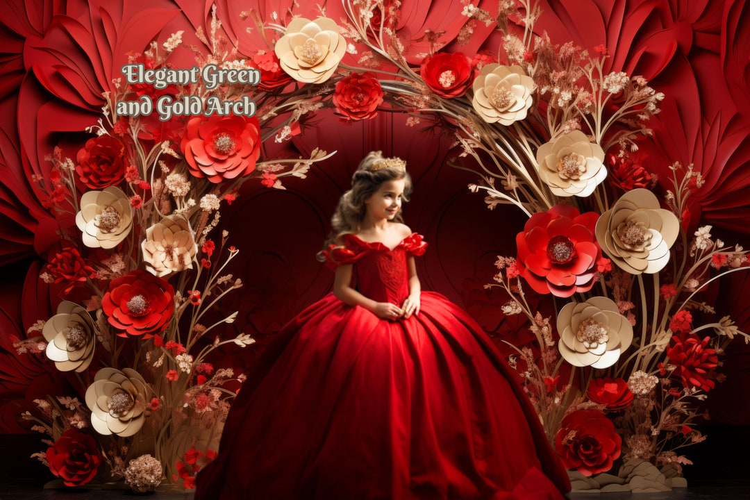 Red Floral Arch Backdrop Red and Gold Digital Backdrop Red - Etsy