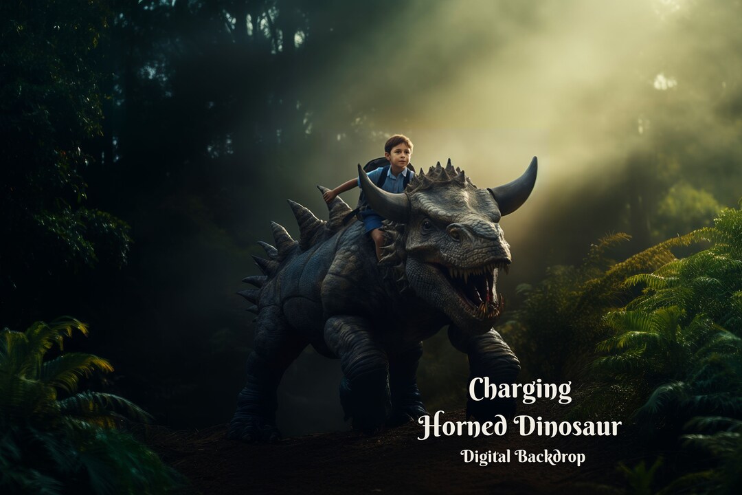 Charging Horned Dinosaur Digital Backdrop Prehistoric Creatures Digital ...