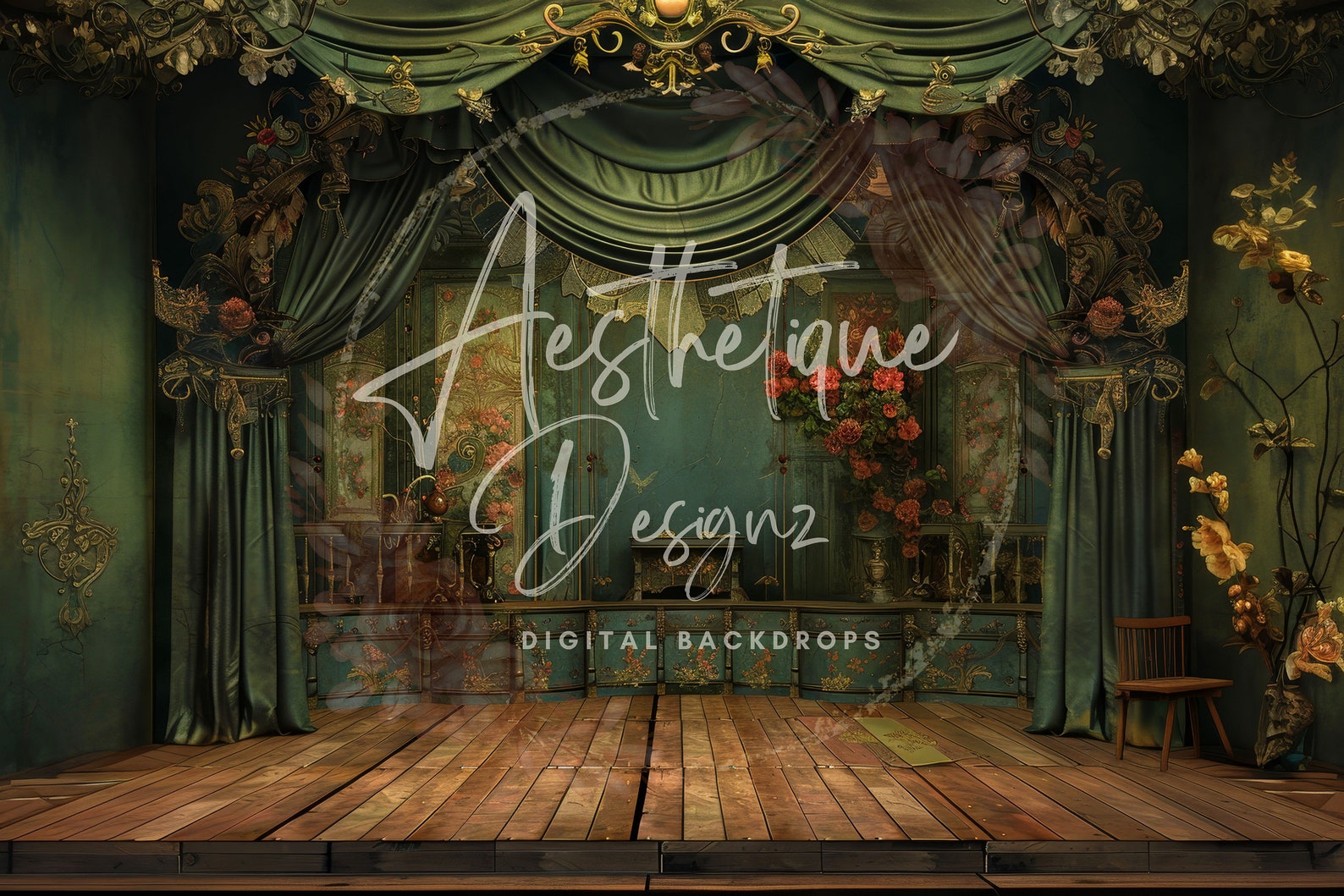 Green Curtain Mini Stage Digital Backdrop Classical Performance Theater ...