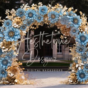 Blue Floral Arch Backdrop Blue and Gold Digital Backdrop Blue Flower ...
