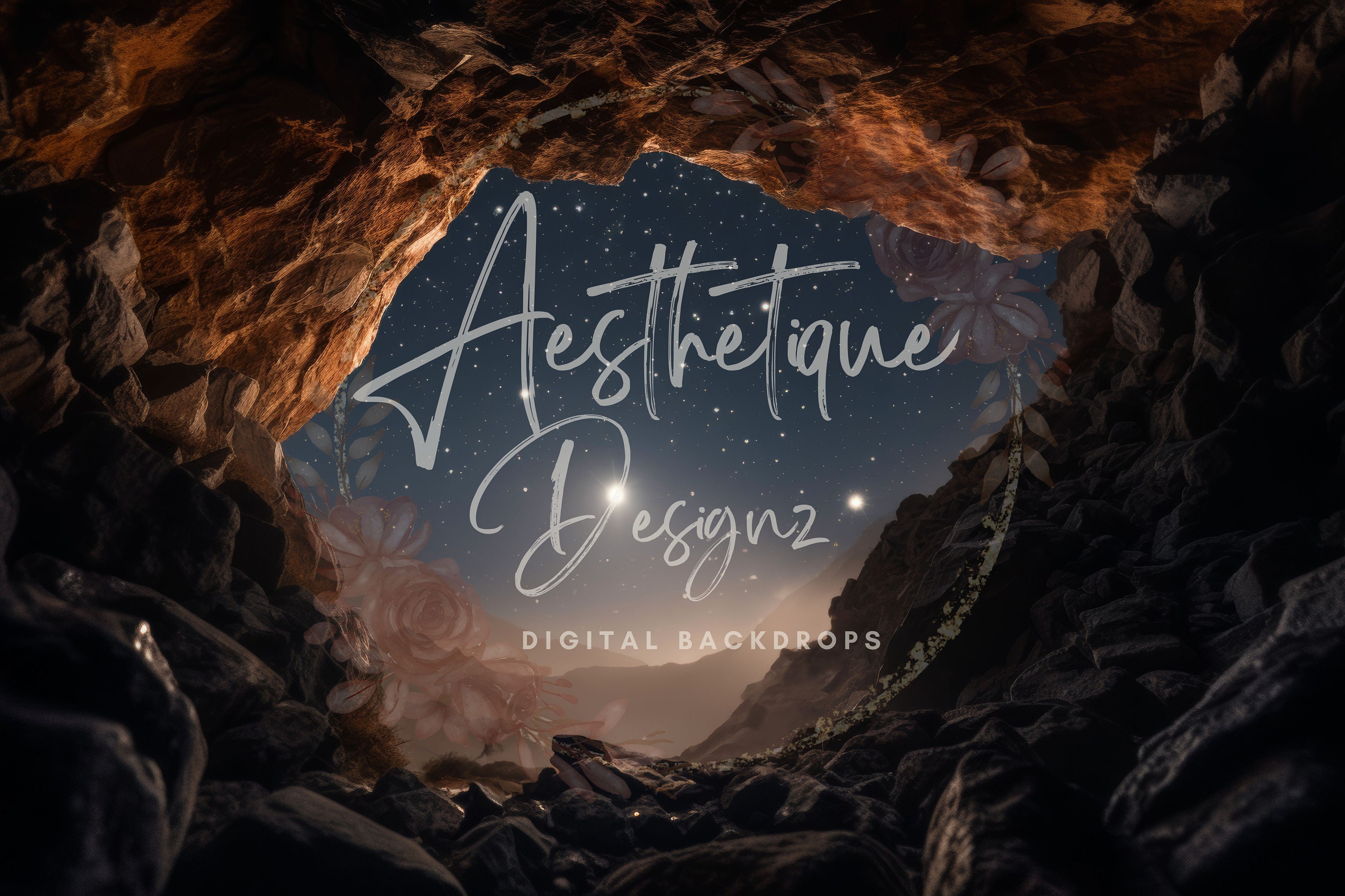 Cave Opening on Night Sky Digital Backdrop for Whimsical Cave Composite ...