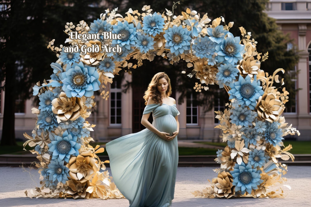 Blue Floral Arch Backdrop Blue and Gold Digital Backdrop Blue Flower ...