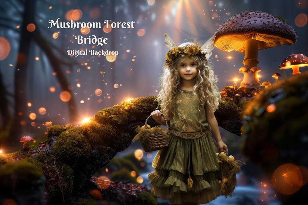 Mushroom Forest Bridge Digital Backdrop Tiny Elf Land Photo Background ...