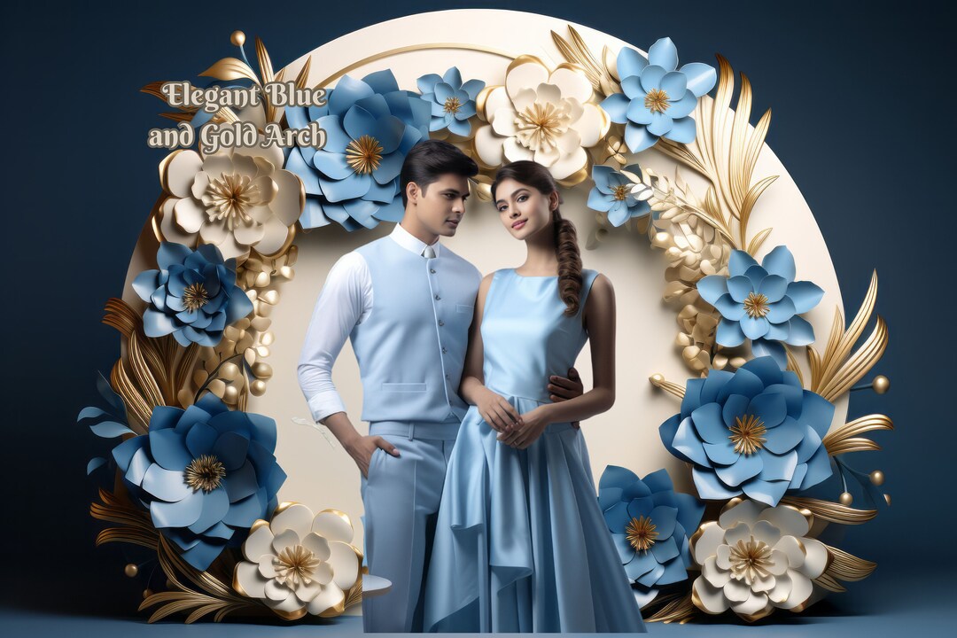 Blue Floral Arch Backdrop Blue and Gold Digital Backdrop Blue Flower ...