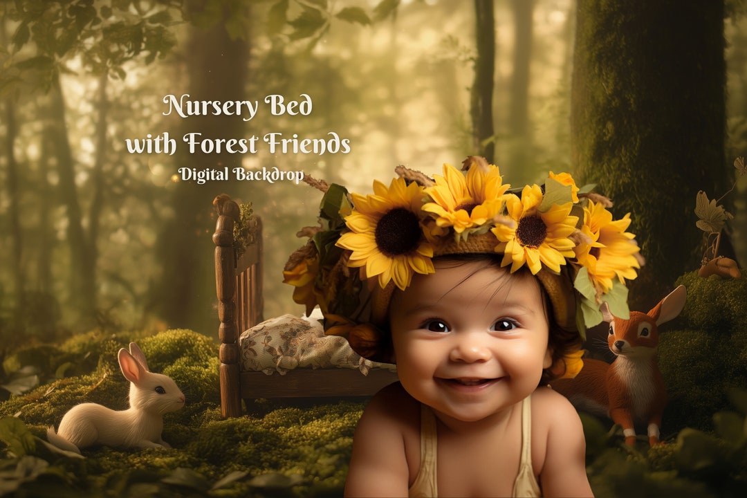 Nursery Bed With Forest Friends Digital Backdrop for Baby Photoshoot ...