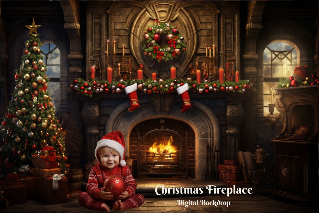 Christmas Fireplace Digital Backdrop Christmas Tree Digital Background ...