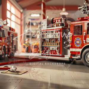 Fire Station Garage Digital Backdrop Fireman's Office Truck Photo ...
