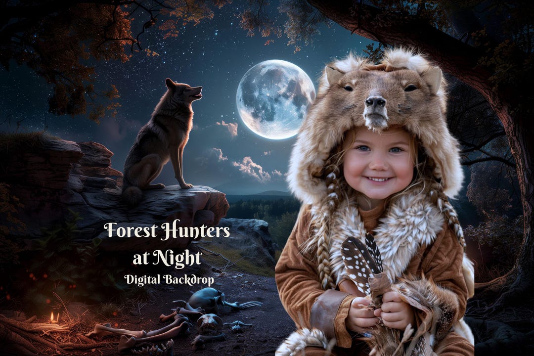 Forest Hunters at Night Digital Backdrop Enigmatic Moon Background ...