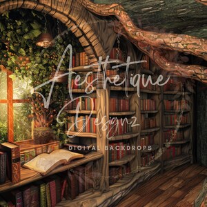 Tree House Library Digital Backdrop Wooden Bookshelf Digital Background ...