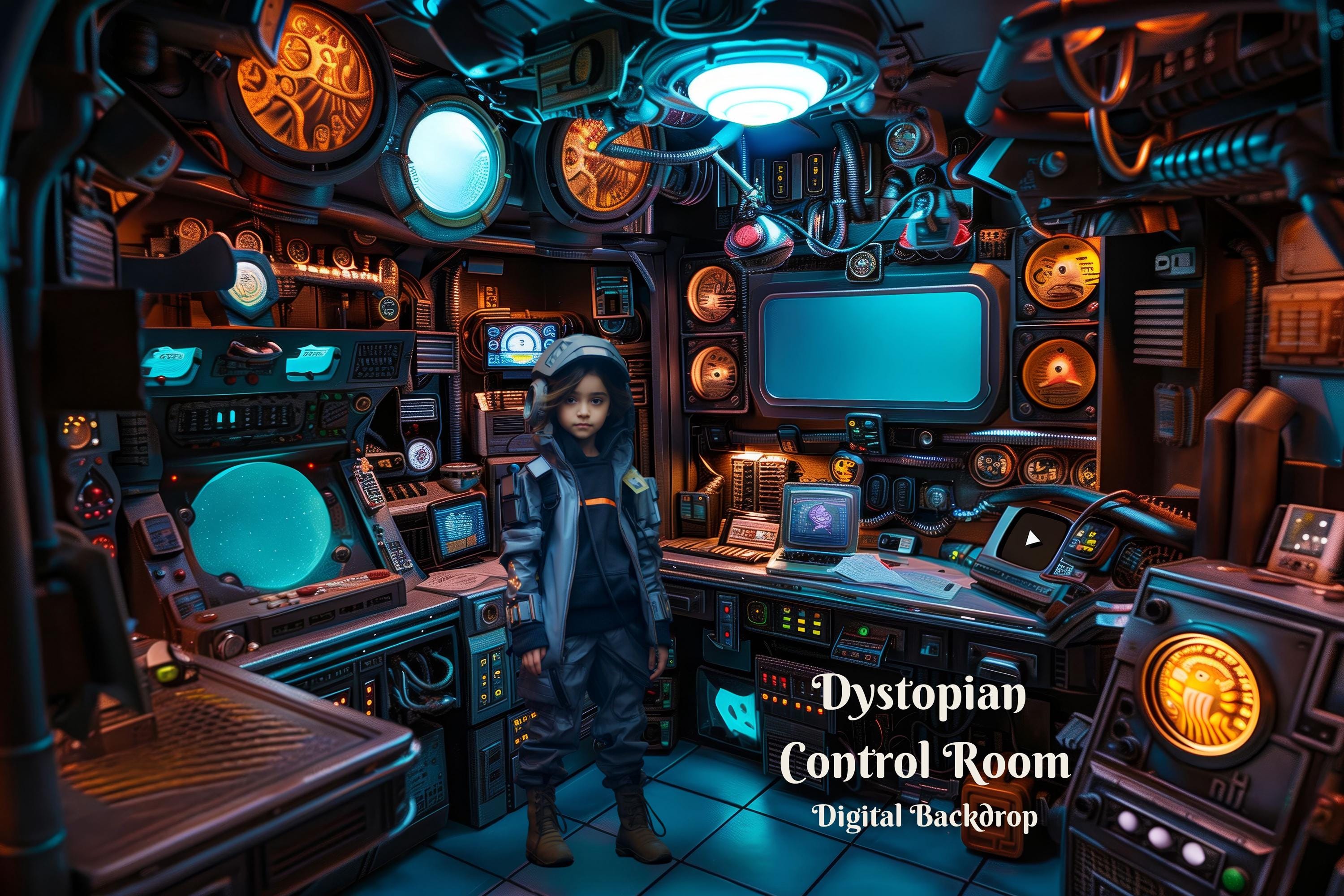 Dystopian Control Room Digital Backdrop for Advanced Future Technology ...